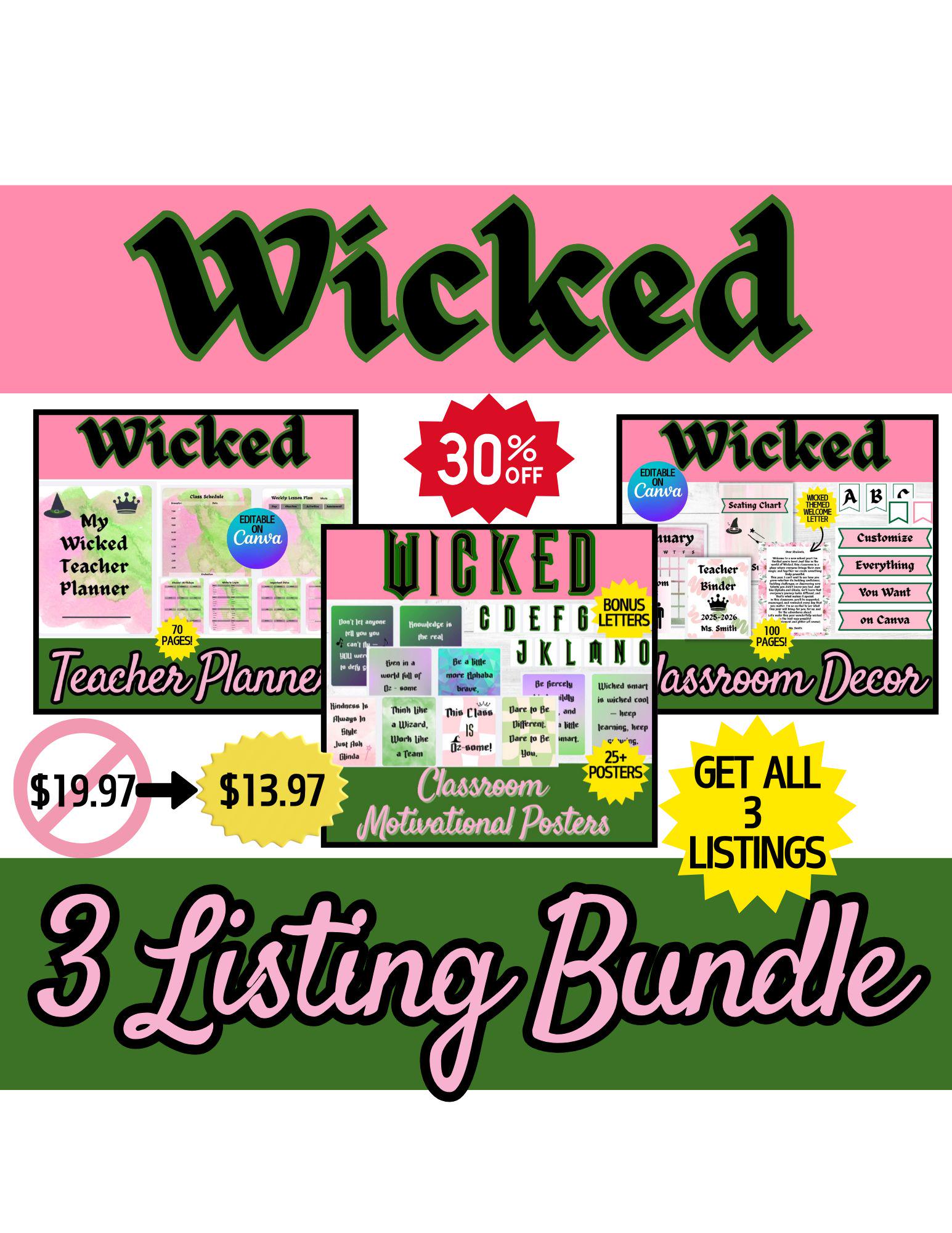Wicked Teacher Planner Classroom Decor Motivational Poster Bundle I ...