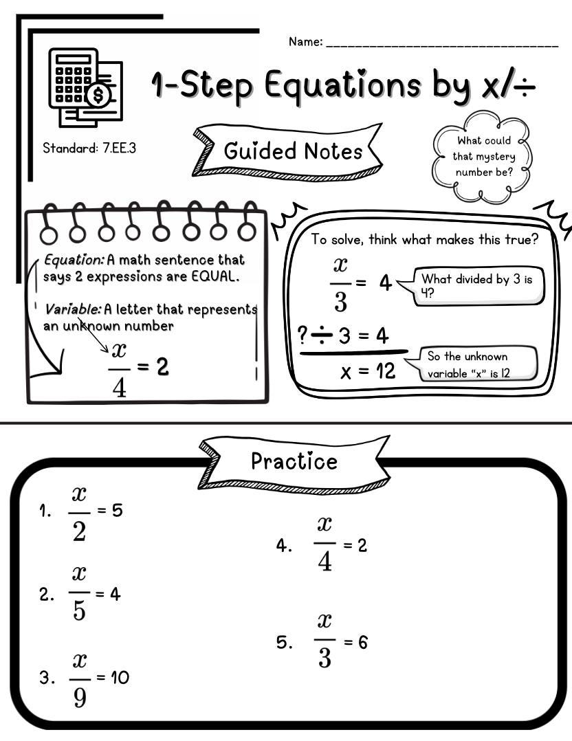 Solving Equations Pre-algebra Middle School Math Guided Notes Lesson ...