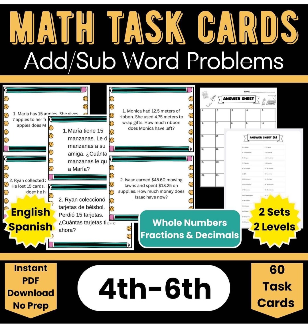 Math Adding Subtracting Integers Fractions Decimals Bilingual Task Card ...