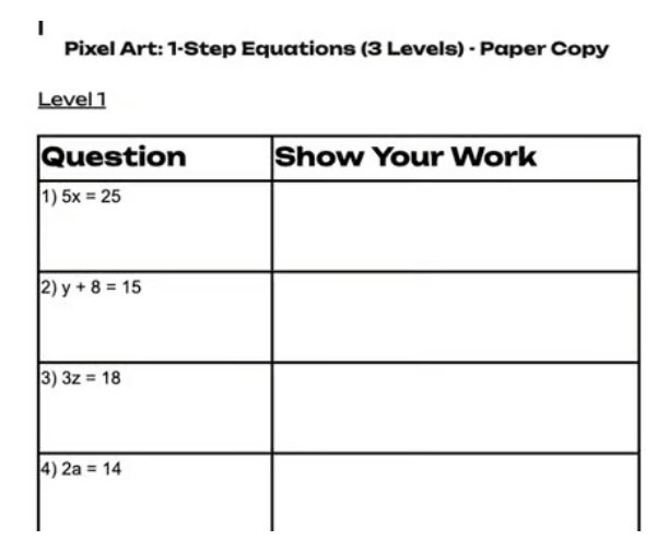 Pixel Art: Solving 1-step Equations Google Sheets Digital Resource Math ...
