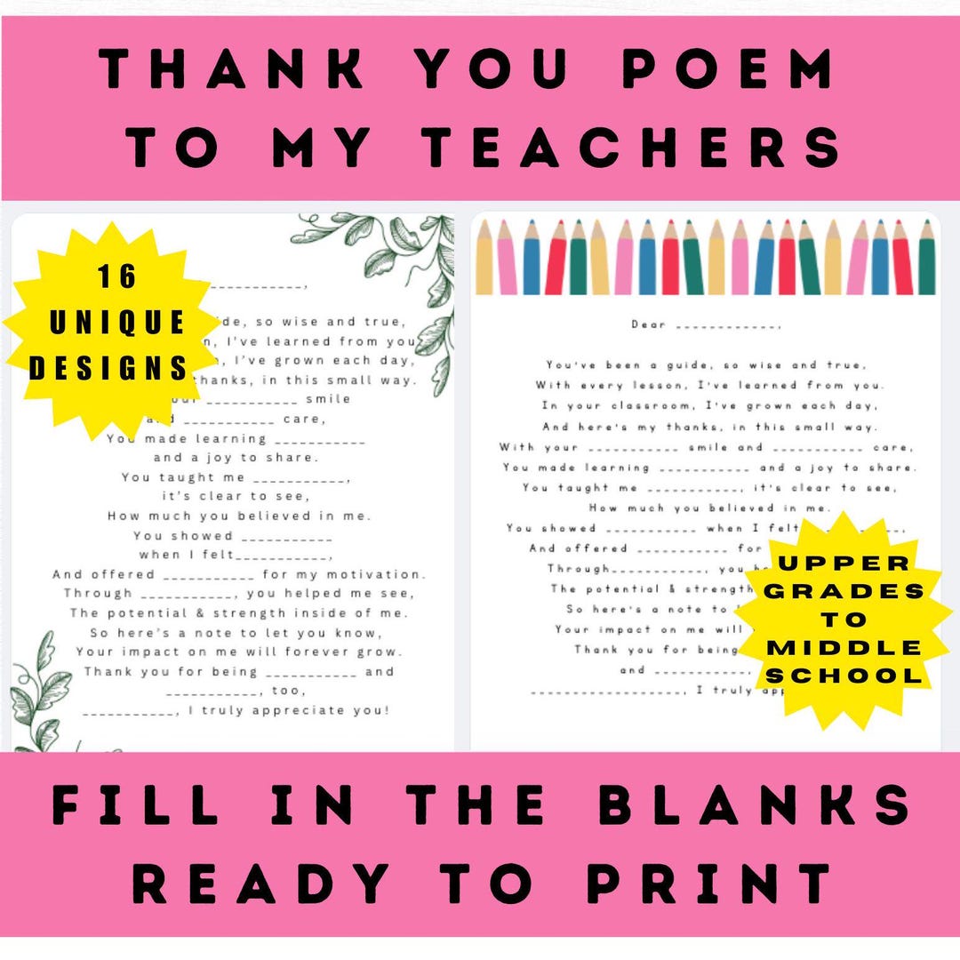 Teacher Appreciation Thank You Letter Poem Printout: Instant Download ...