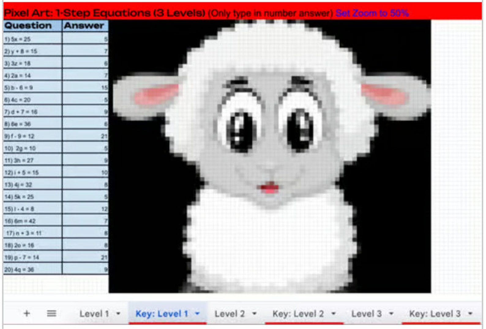 Pixel Art: Solving 1-step Equations Google Sheets Digital Resource Math ...
