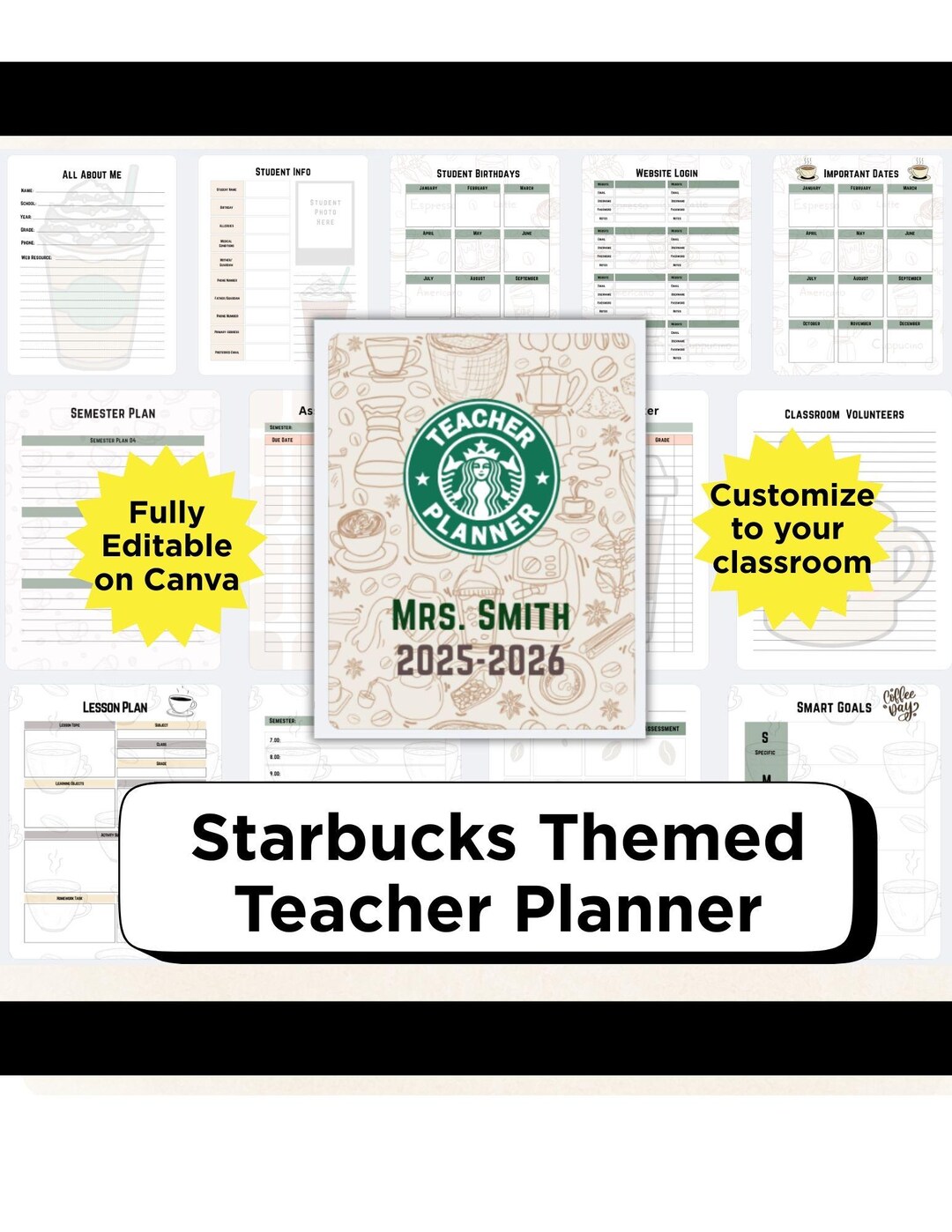Starbucks-inspired Digital Teacher Planner | 70+ Pages | Editable Canva ...