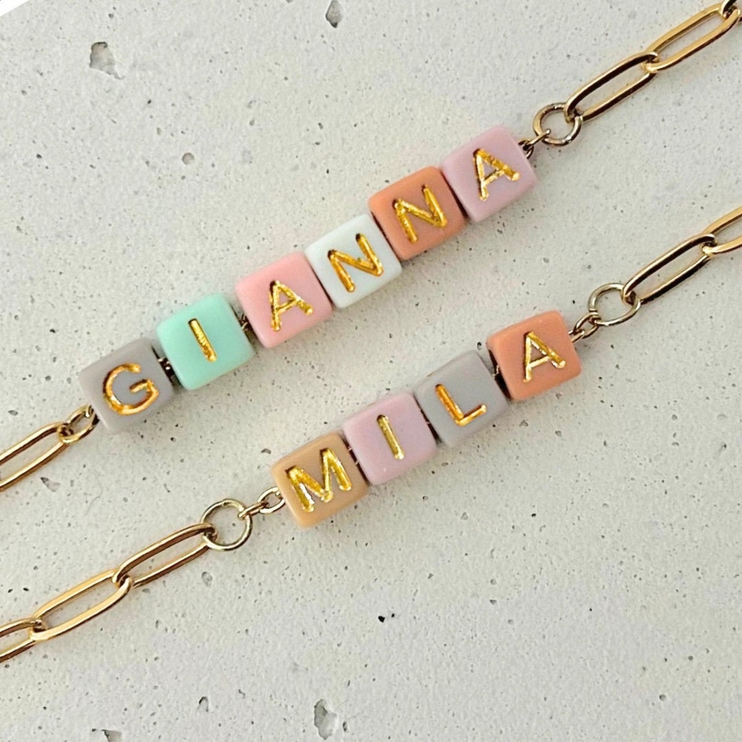 18k Gold Name Word Paperclip Bracelet, Cube Name Bracelet, Personalized ...