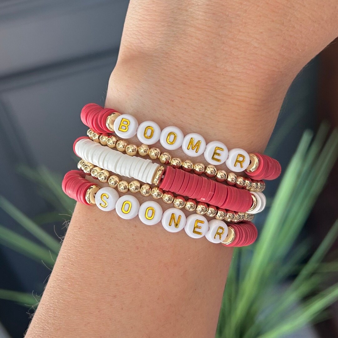 OU Boomer Sooner Bracelet, Oklahoma Football Fan Girl Gift Crimson and ...