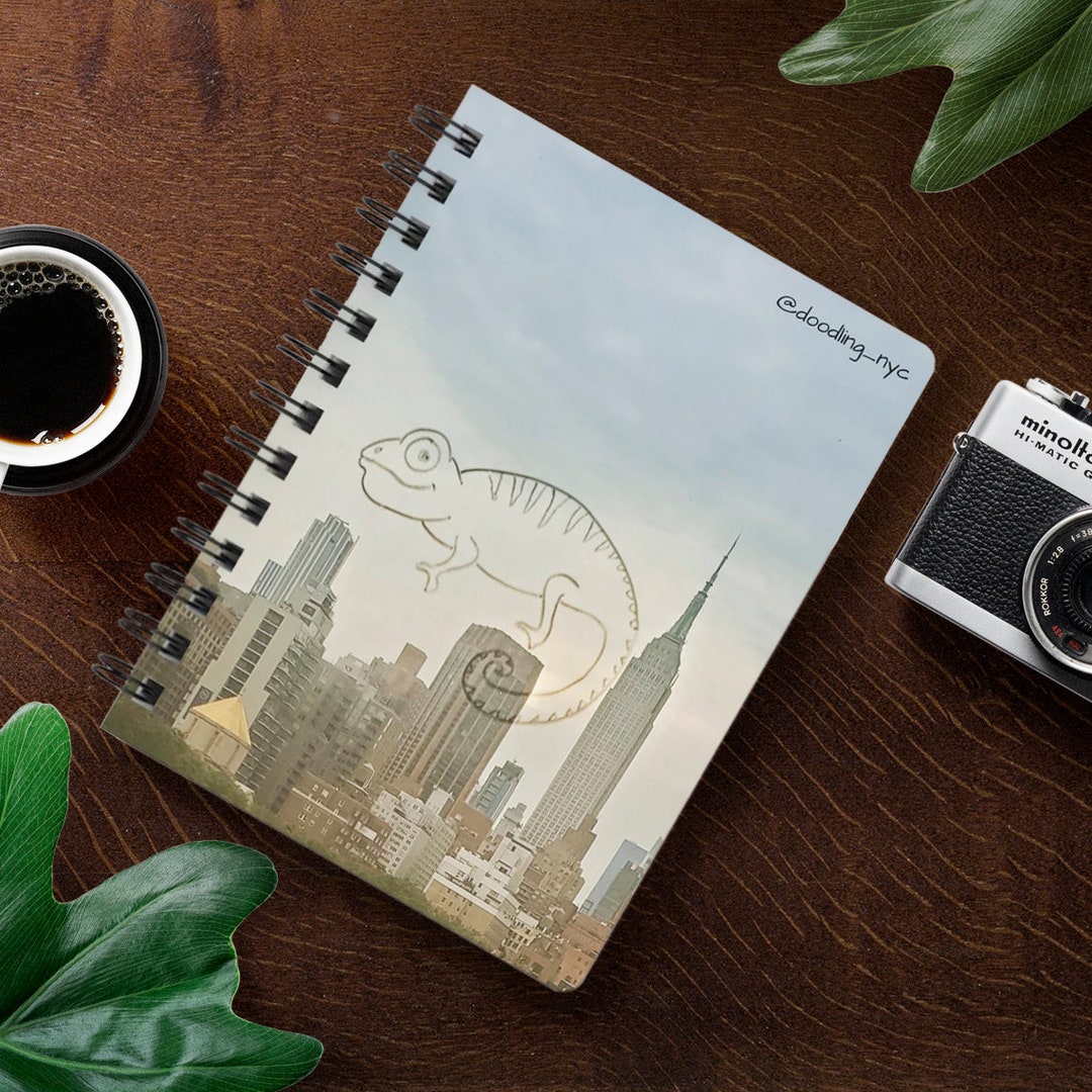 Hand Drawn Funny Gecko Doodle NYC Skyline Spiral Journal, New York City ...