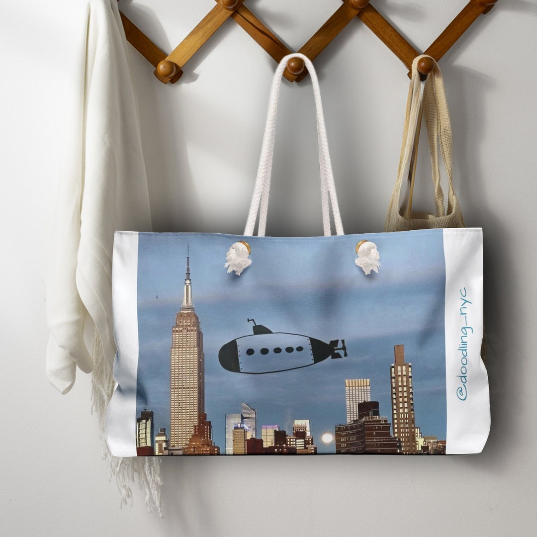 Hand Drawn Submarine Doodle Weekender Tote Bag, NYC Skyline Beach Bag ...