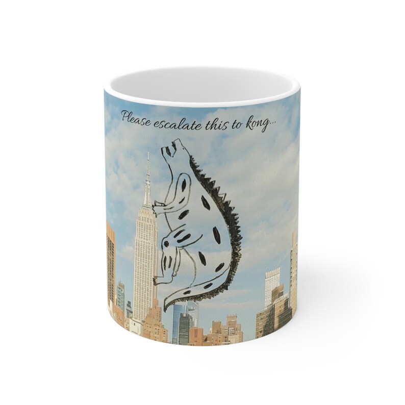 Quirky Godzilla Doodle Coffee Mug, USA NYC State Skyline Artsy Kong Mug ...