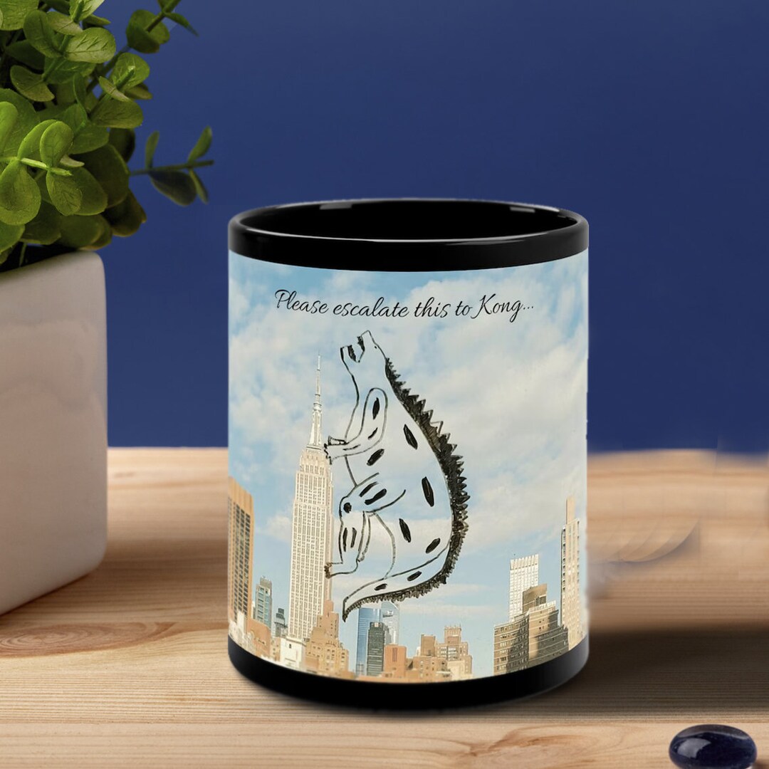 Quirky Godzilla Doodle Coffee Mug, USA NYC State Skyline Artsy Kong Mug ...