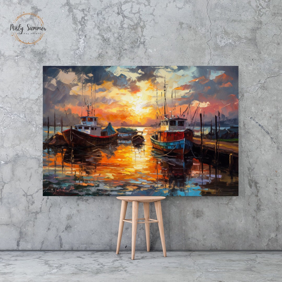 Impressionist Original Seascape Print on Canvas Dock and Boats Scene ...