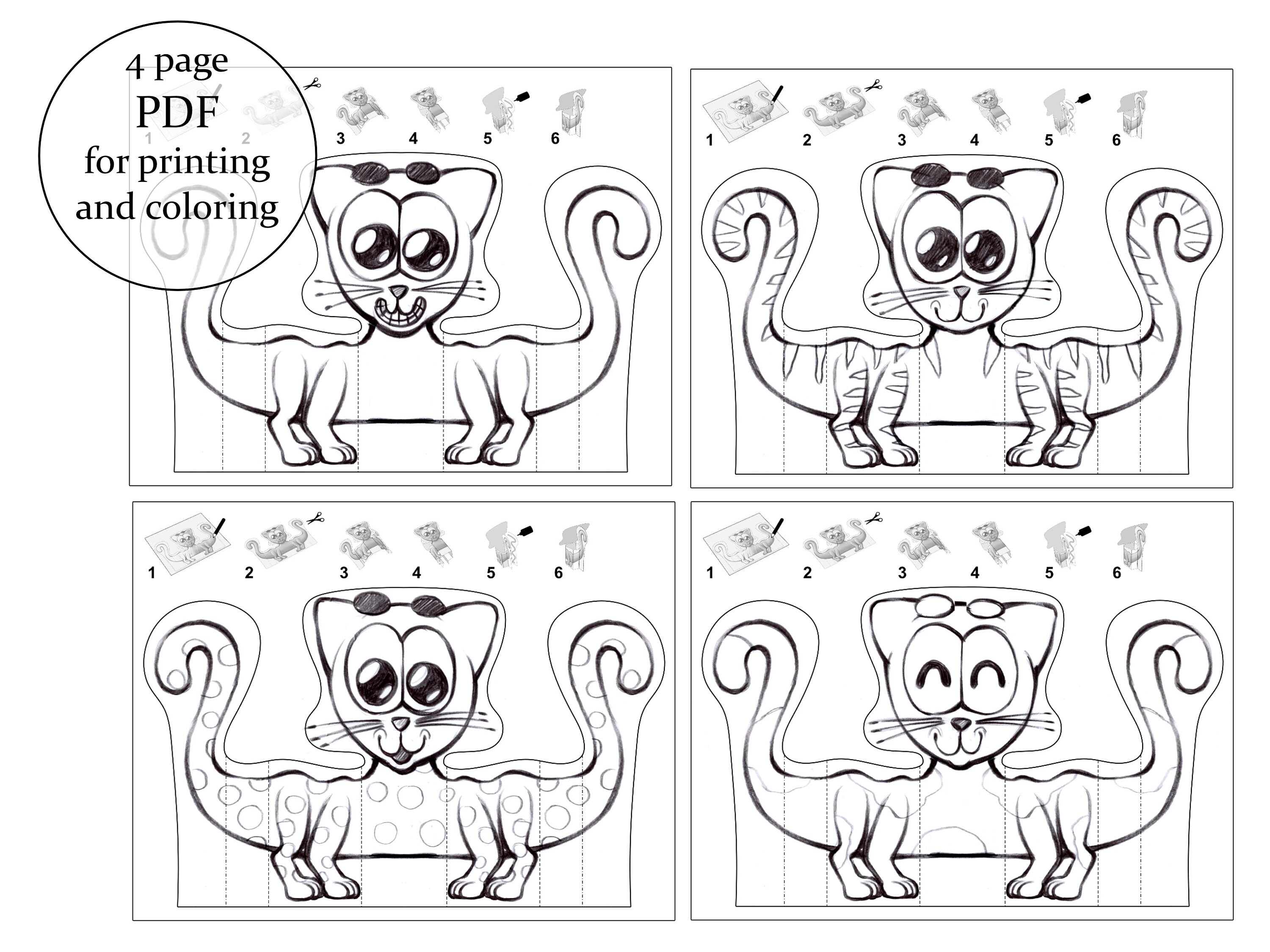 Foldable Cat Figures, for Coloring, Printable, Birthday Activity, Fun ...