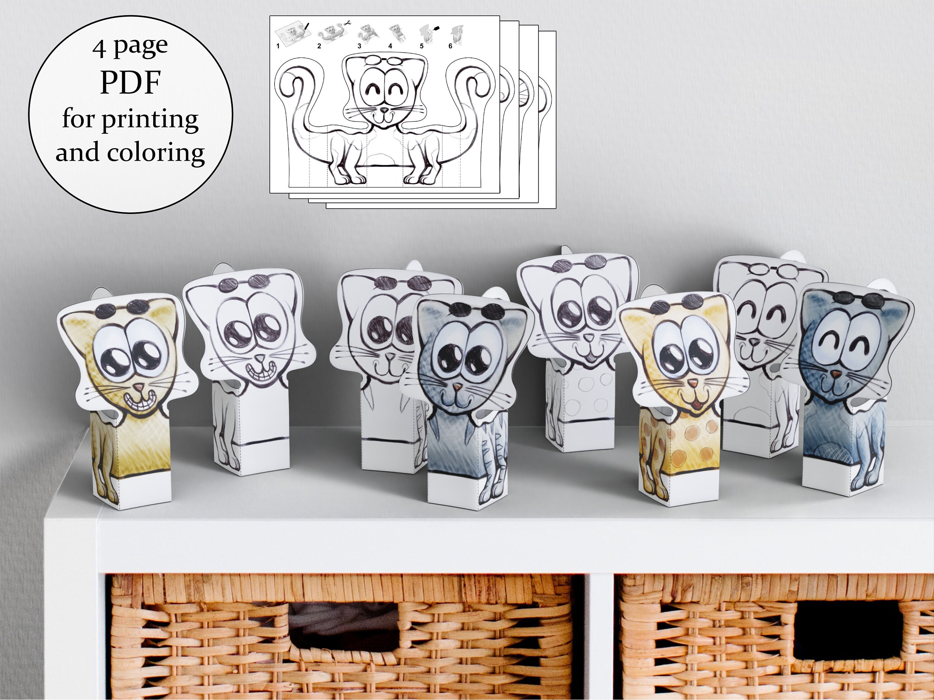 Foldable Cat Figures, for Coloring, Printable, Birthday Activity, Fun ...