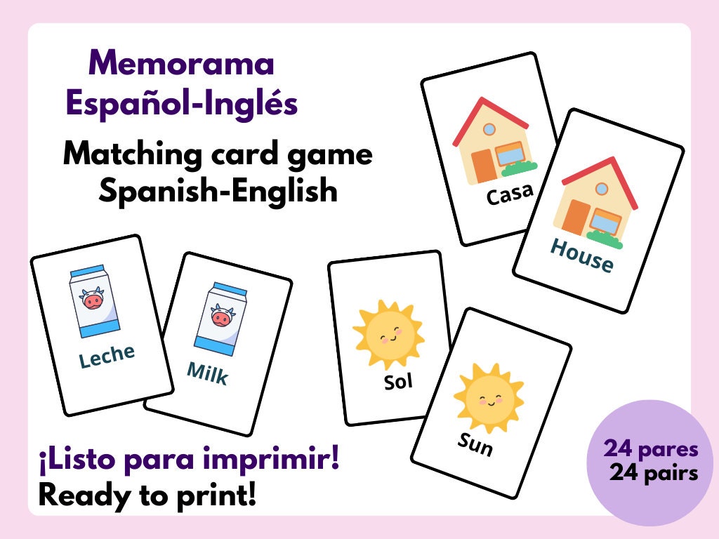 Memorama Español-inglés Palabras Básicas / Spanish English - Etsy