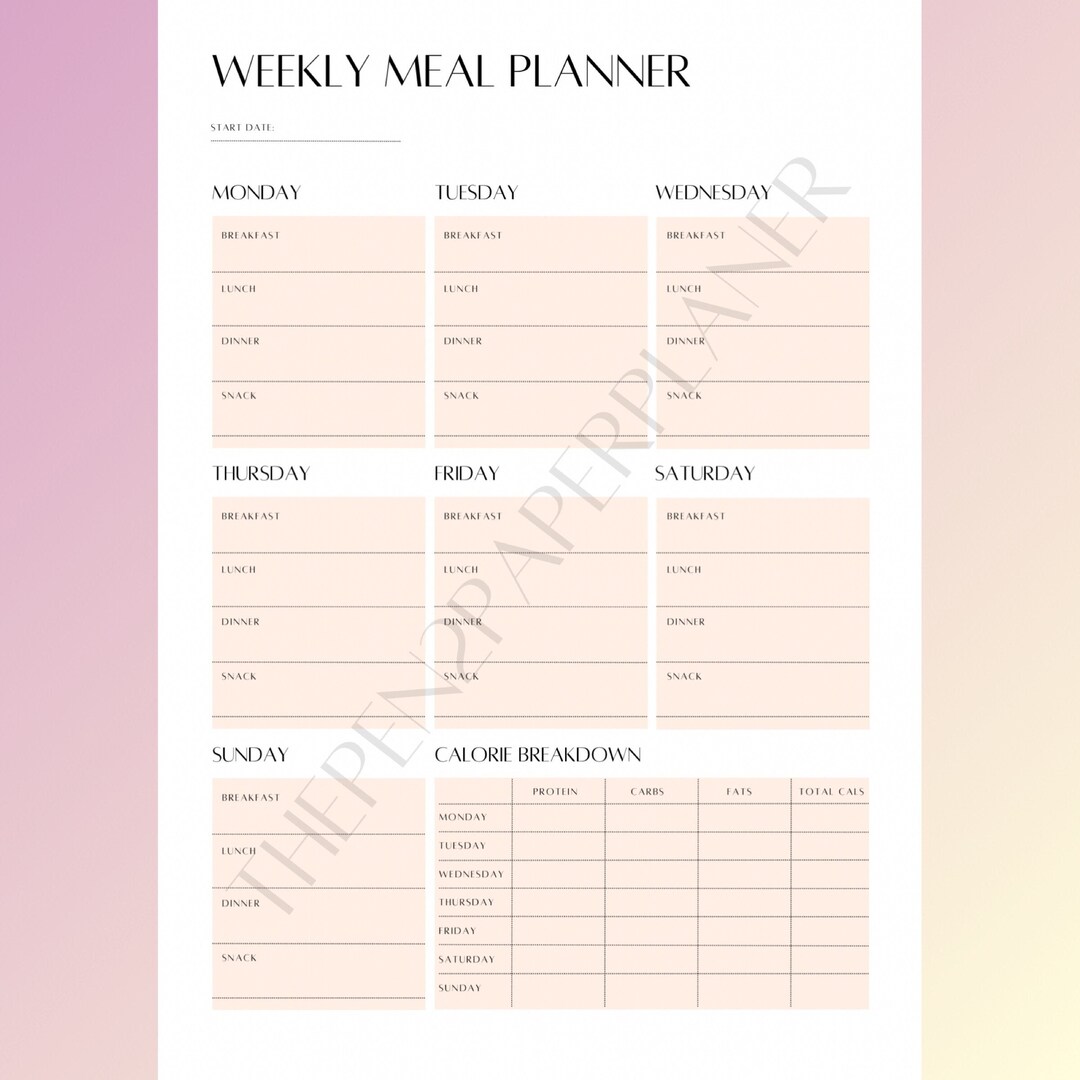 Minimalist Weekly Meal Planner - Calorie and Macro Breakdown - Etsy
