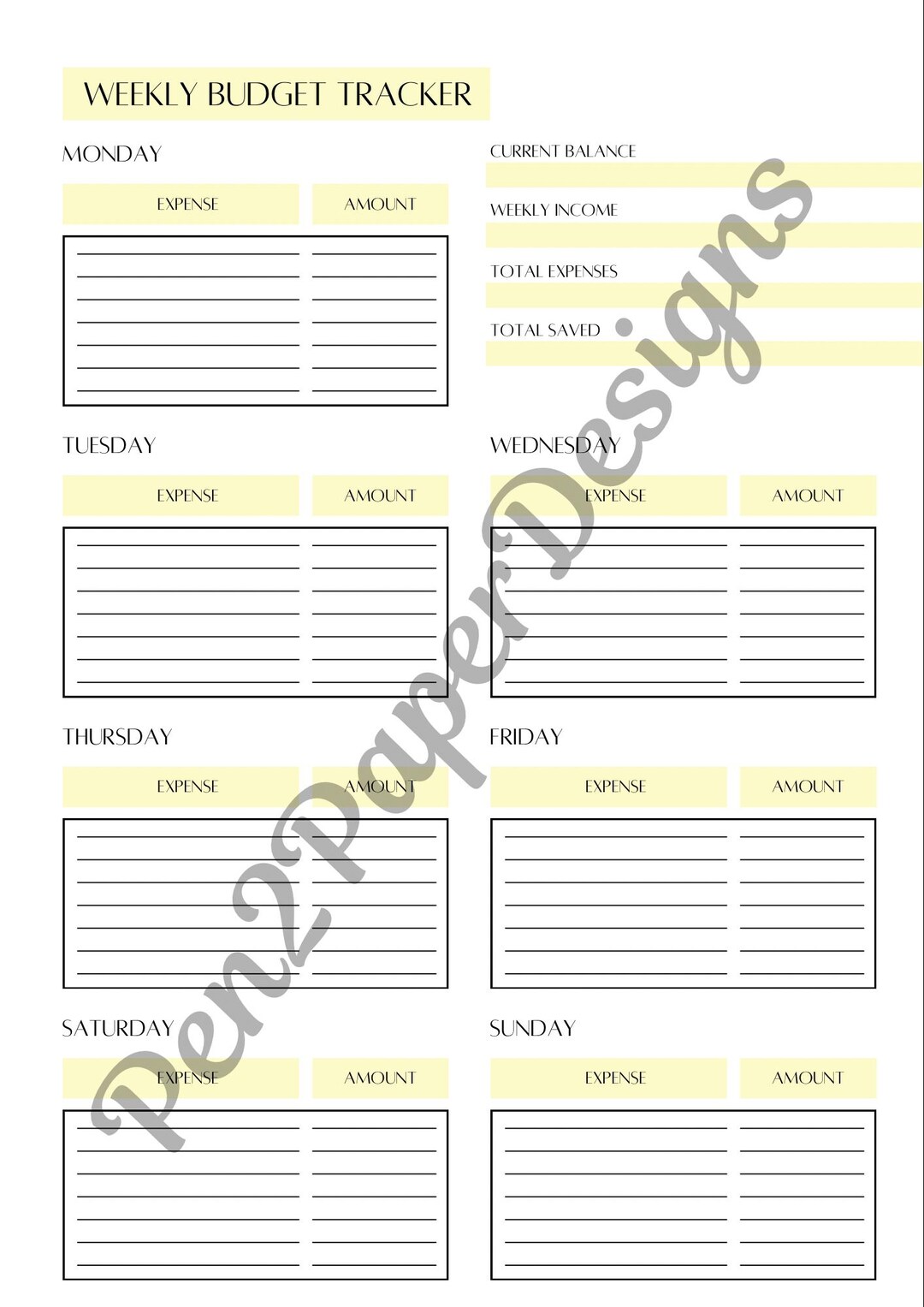 YELLOW Weekly Budget Tracker and Planner! Multiple Colours to Choose ...
