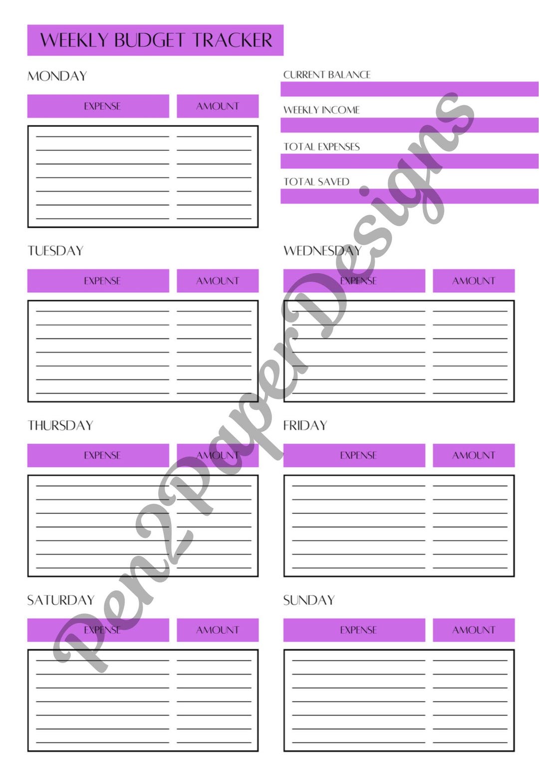 PURPLE Weekly Budget Tracker and Planner! Multiple Colours to Choose ...