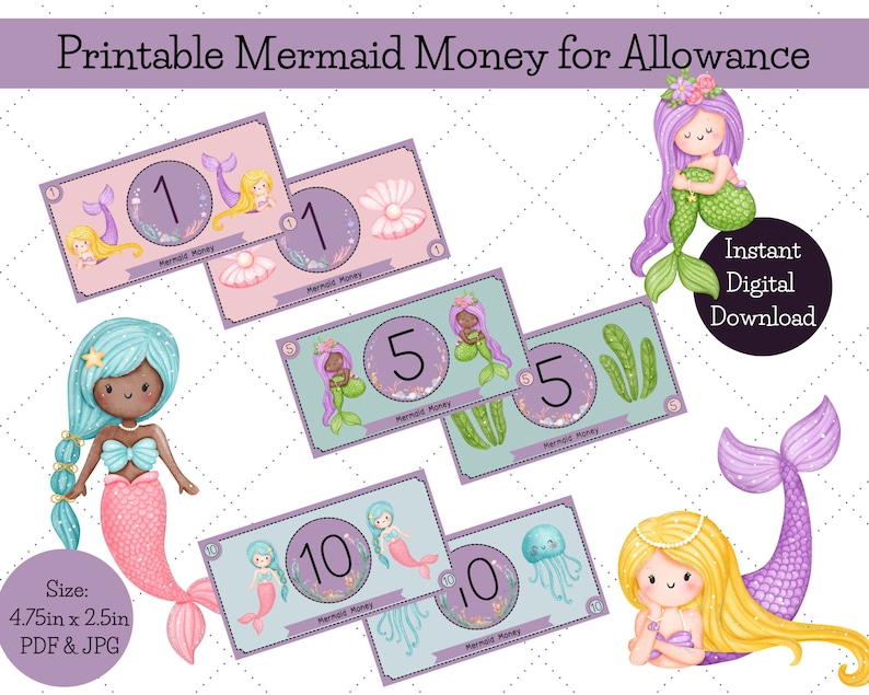 Mermaid Play Money, Allowance and Chore Rewards, Kids Money Management ...