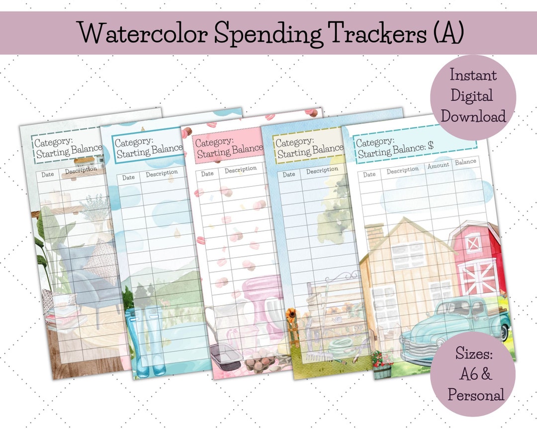 Watercolor Spending Trackers, Cashless Expense Tracker, Cash Envelope ...