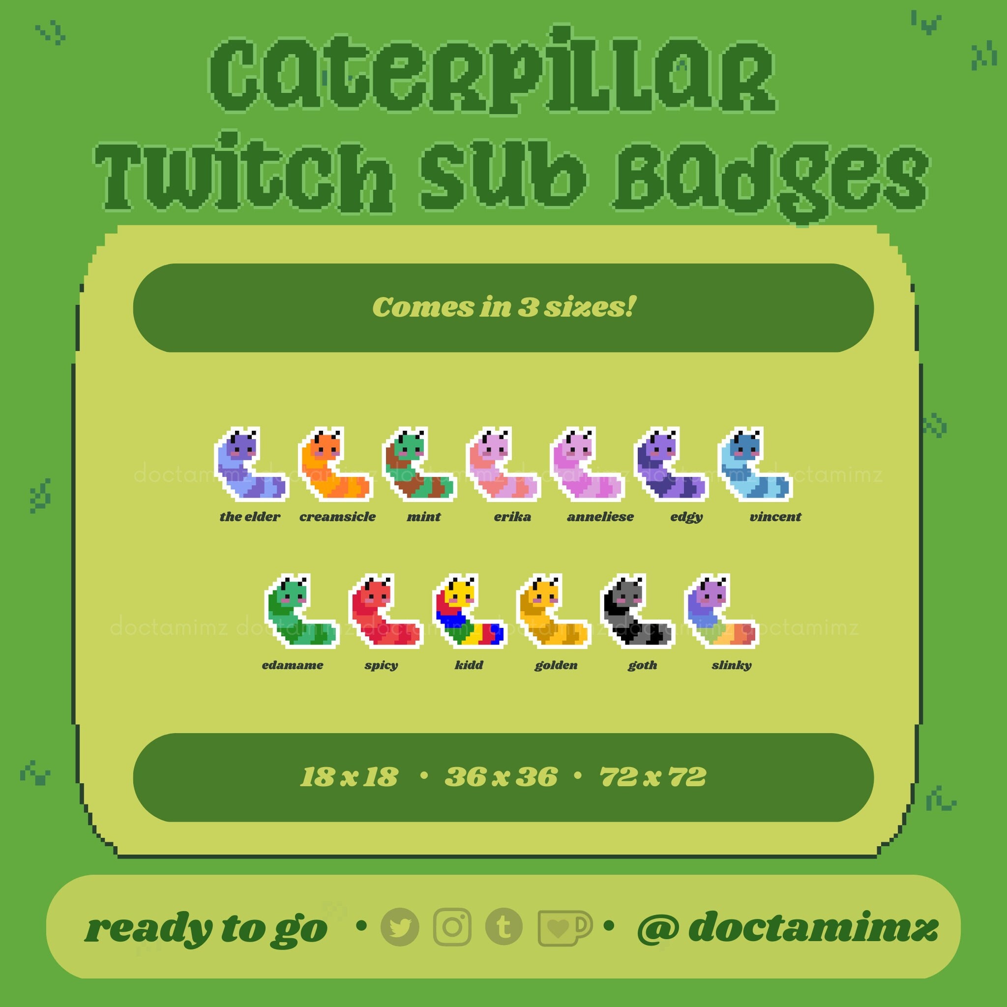 Twitch Sub Badges | Set of 13 Adorable Colorful Pixel Caterpillar ...