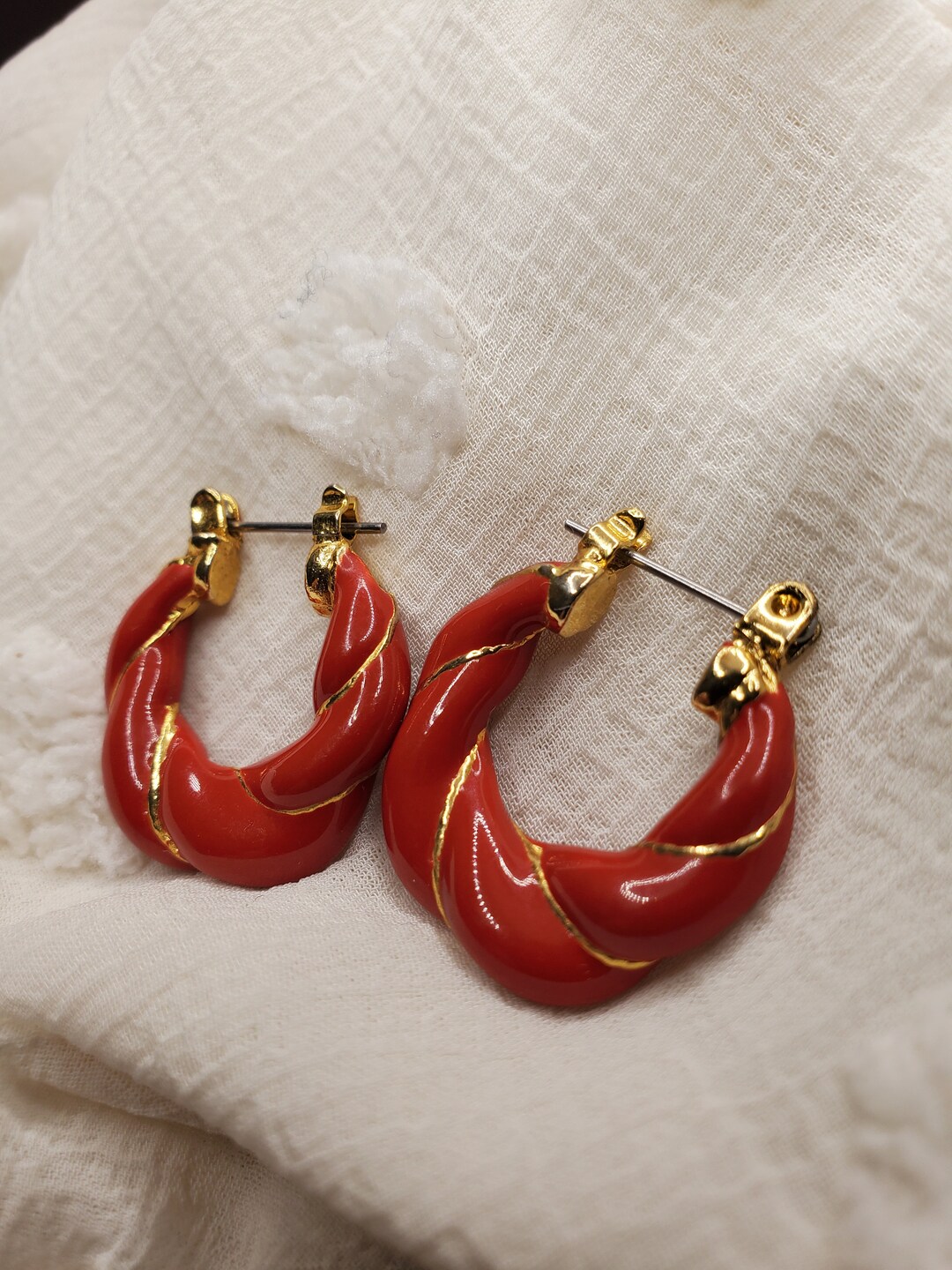 Vintage Red & Gold Hoop Earrings - Etsy