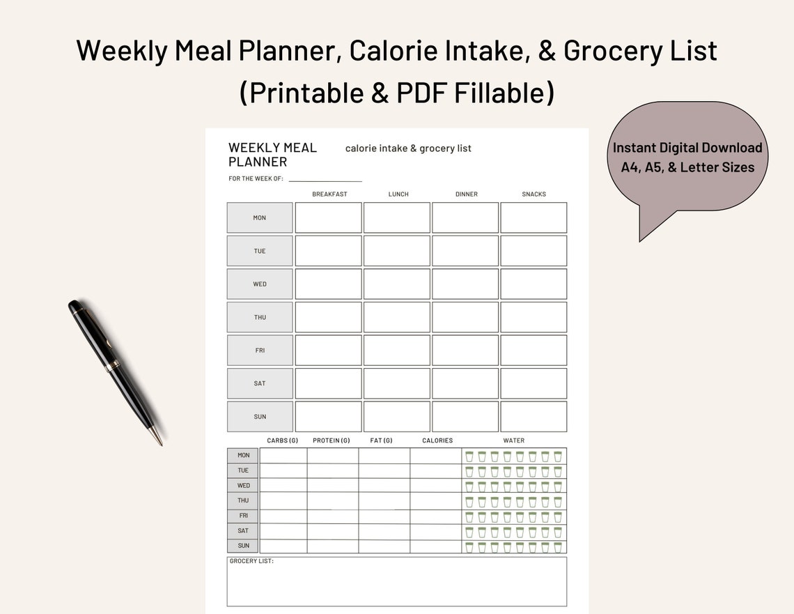 Weekly Meal Planner, Calorie Intake and Grocery List - Plan Your Weekly ...