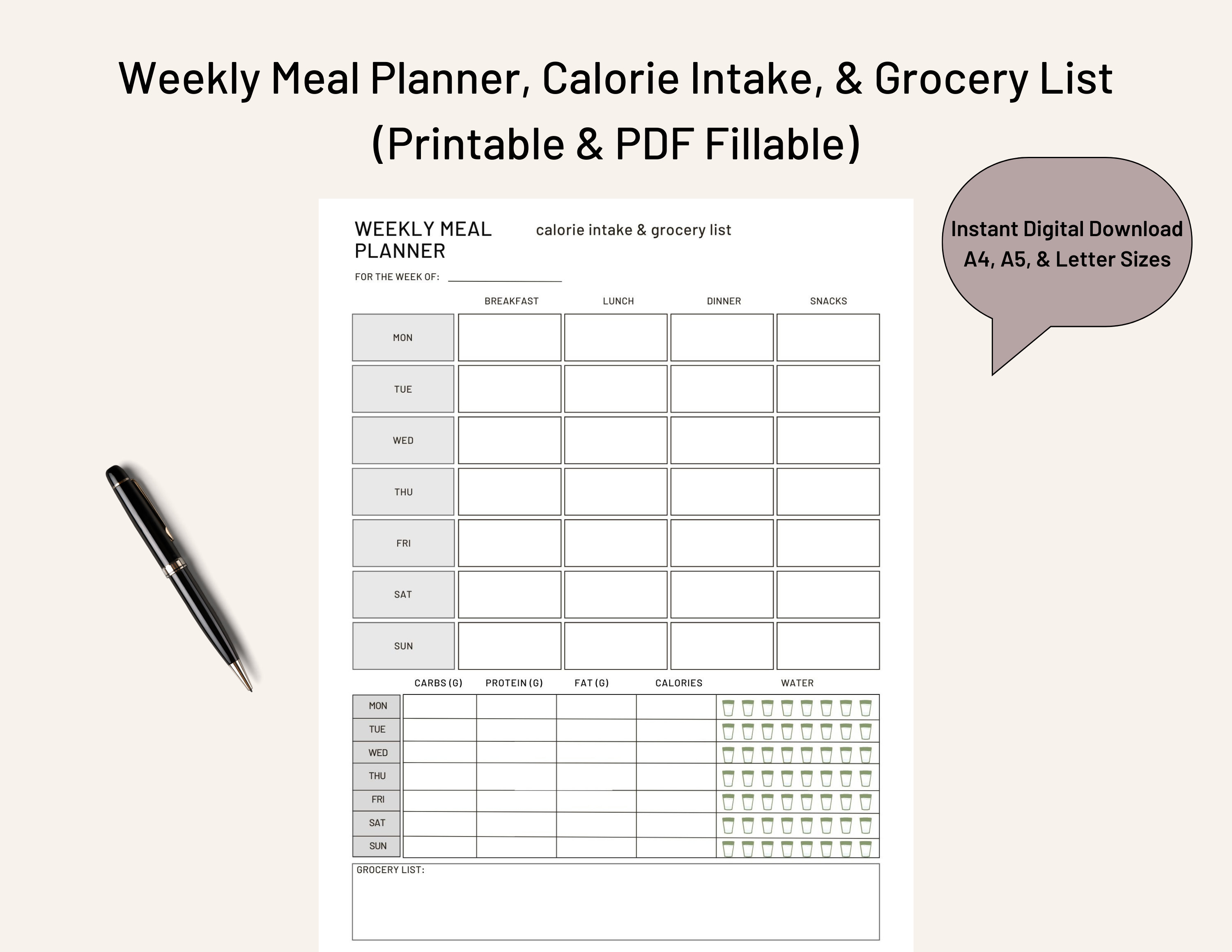 Weekly Meal Planner, Calorie Intake and Grocery List - Plan Your Weekly ...
