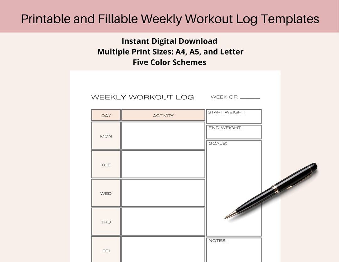 Weekly Workout Planner - Printable & PDF Fillable/use as a Printable or ...