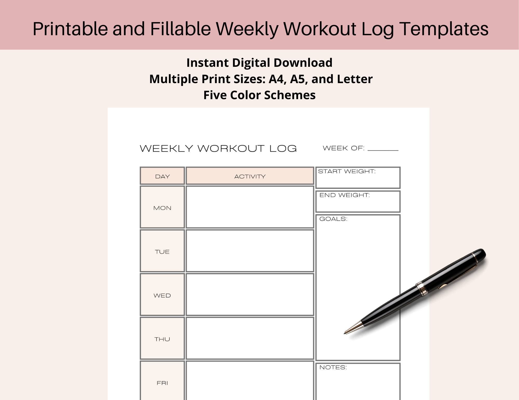 Weekly Workout Planner - Printable & PDF Fillable/use as a Printable or ...