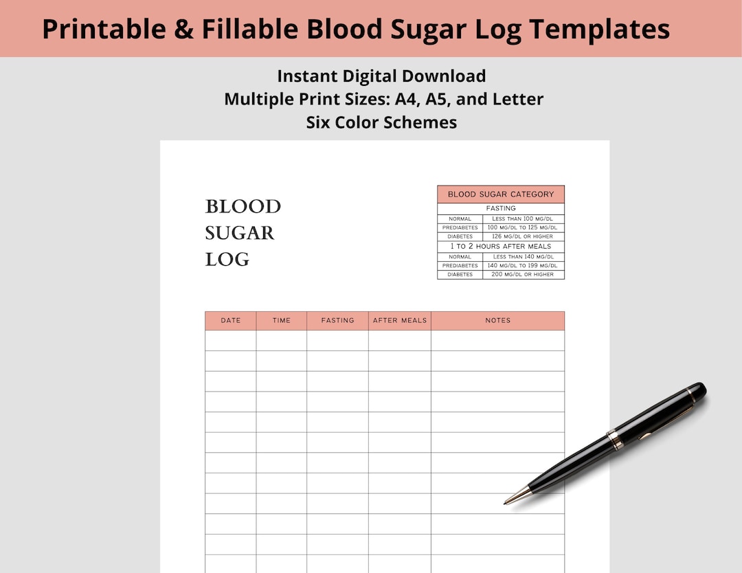 Daily Blood Sugar Log - Printable & PDF Fillable/use as Diabetes ...