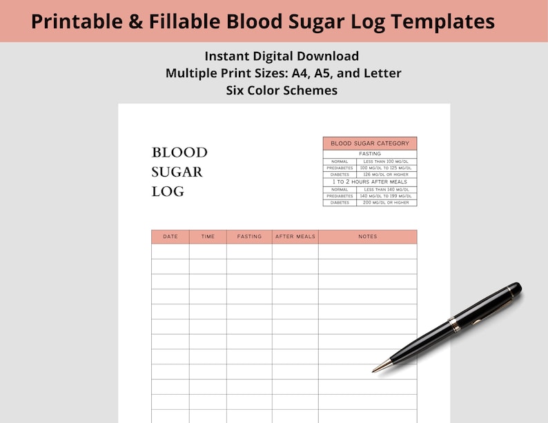Daily Blood Sugar Log - Printable & PDF Fillable/use as Diabetes ...