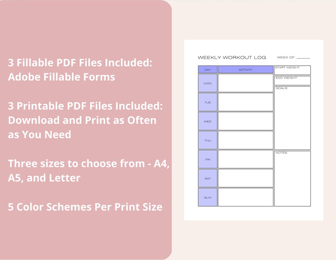 Weekly Workout Planner - Printable & PDF Fillable/use as a Printable or ...