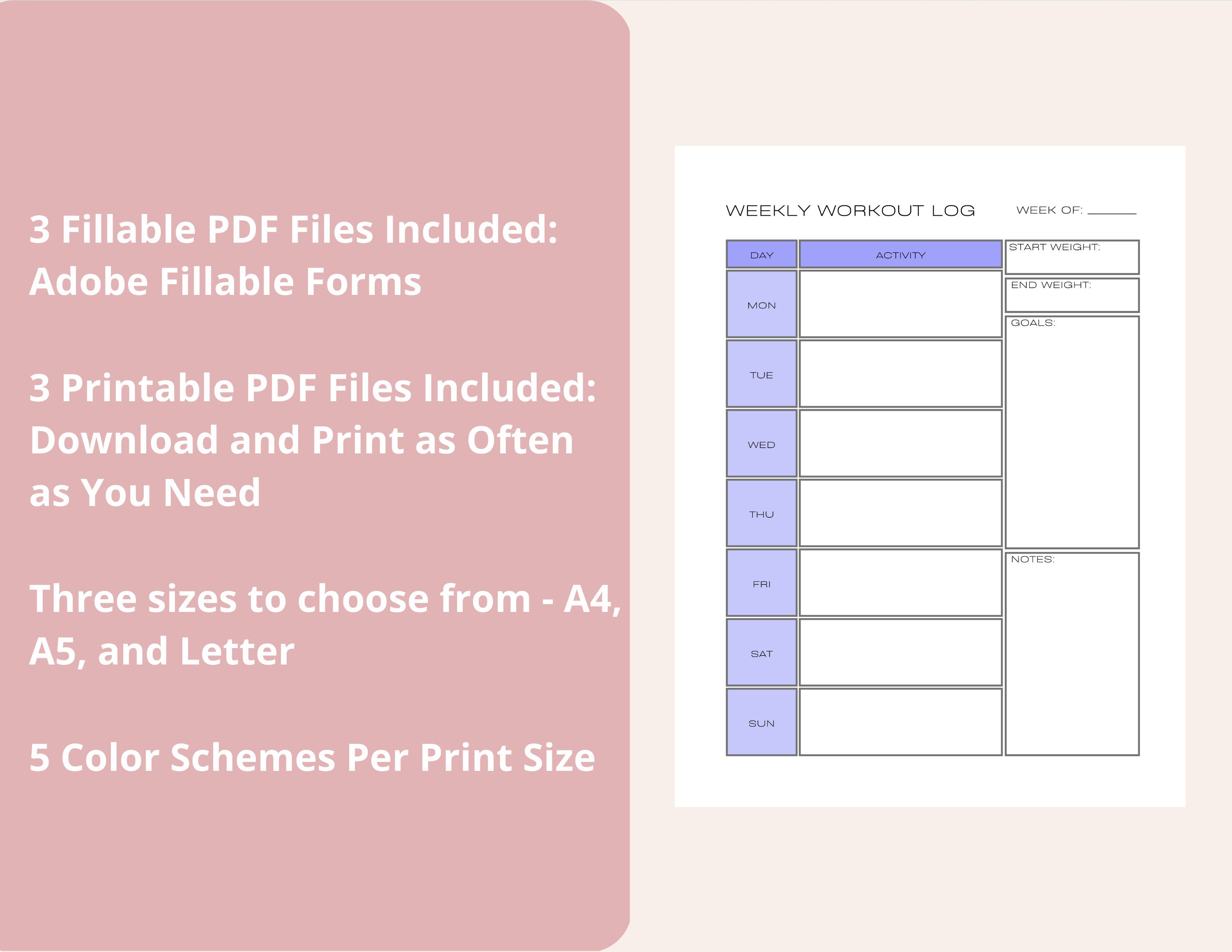 Weekly Workout Planner - Printable & PDF Fillable/use as a Printable or ...