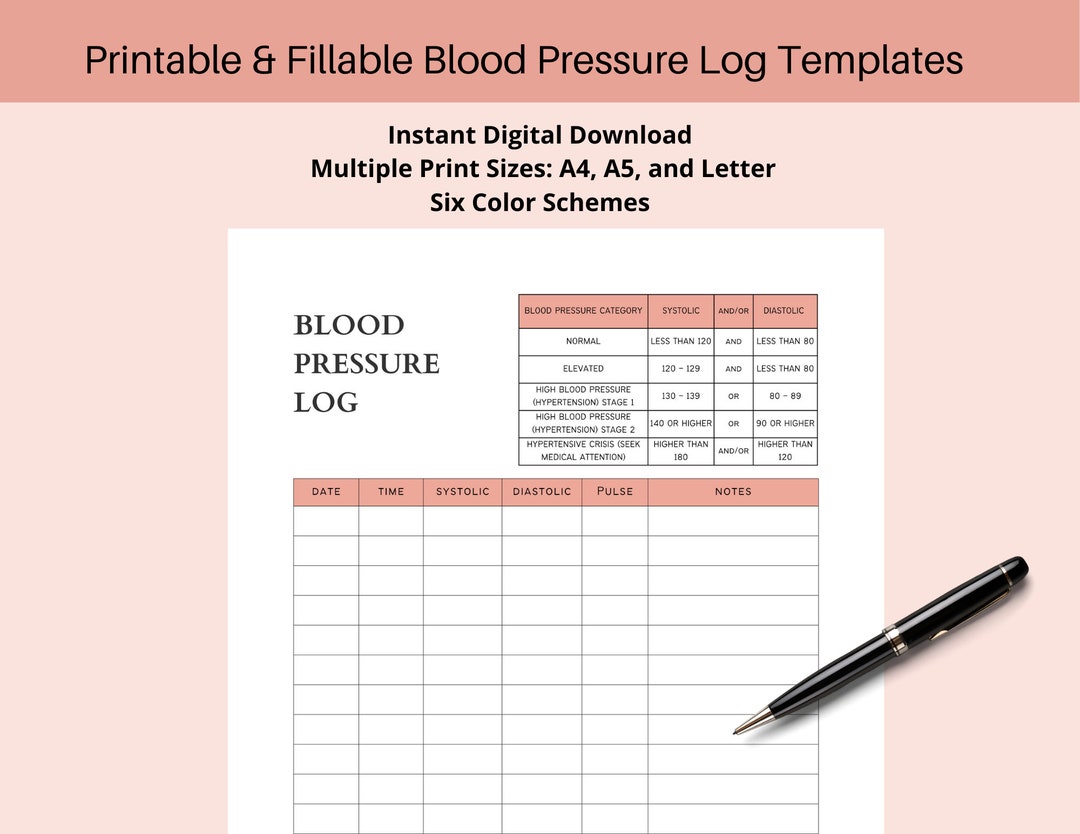 Daily Blood Pressure Tracker - Printable & PDF Fillable/blood Pressure ...