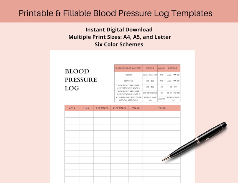 Daily Blood Pressure Tracker - Printable & PDF Fillable/blood Pressure ...