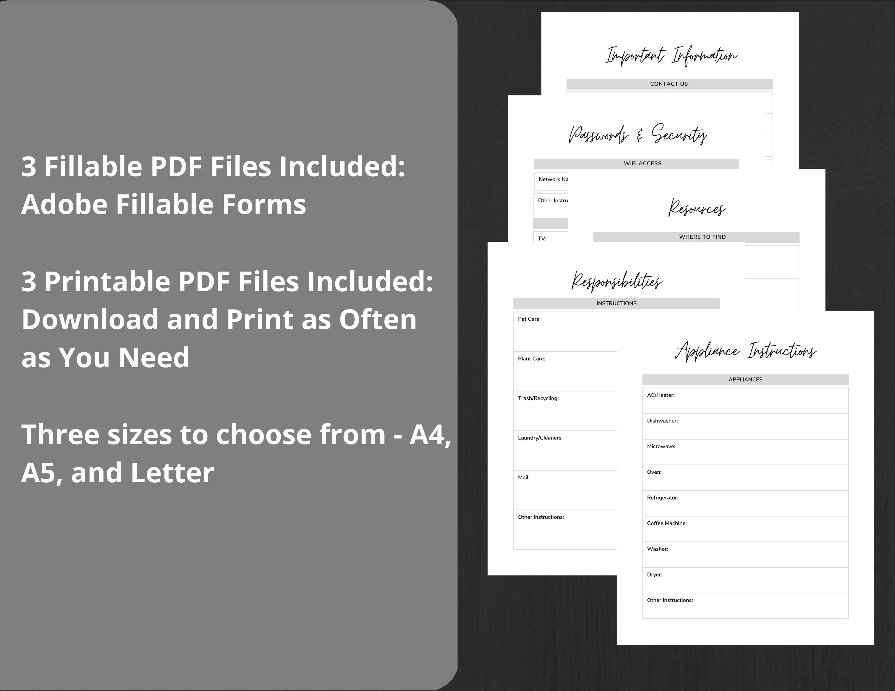 Pet and House-sitting Forms (printable and PDF Fillable)/great as House ...