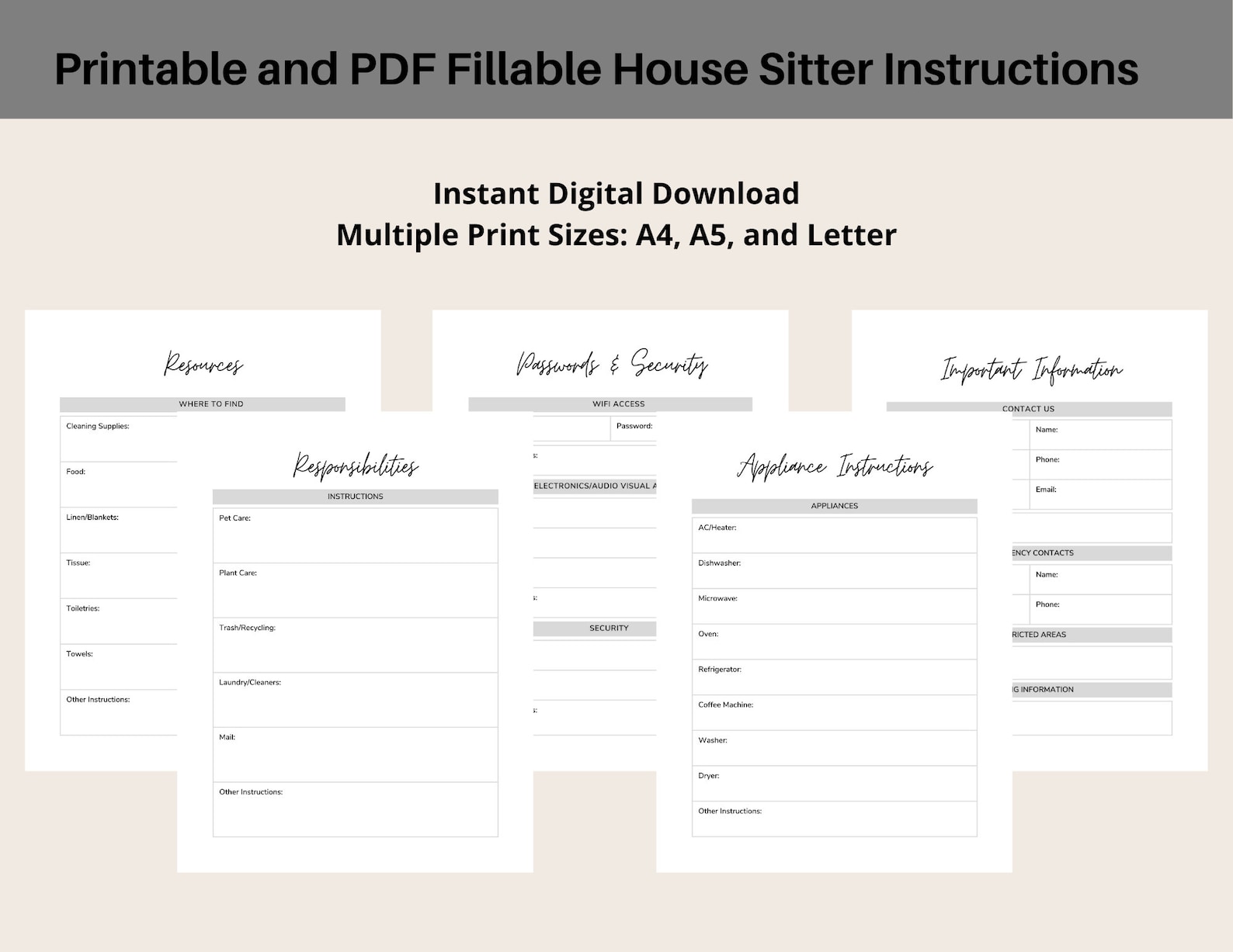 Pet and House-sitting Forms (printable and PDF Fillable)/great as House ...