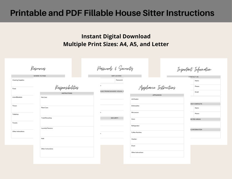 Pet and House-sitting Forms (printable and PDF Fillable)/great as House ...