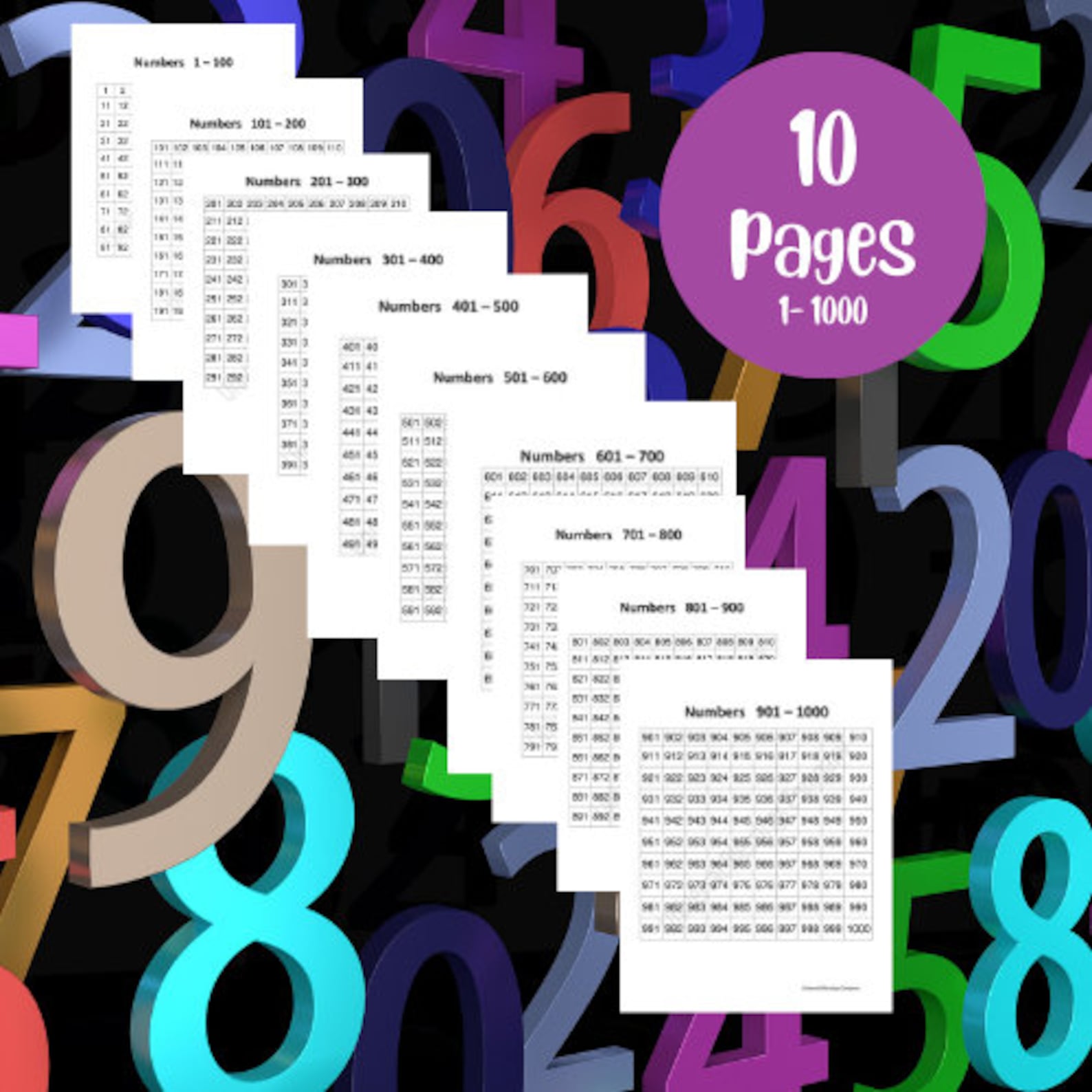 Printable Number Charts Counting Numbers 1-1000 10 Pages math - Etsy
