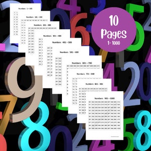 Printable Number Charts Counting Numbers 1-1000 10 Pages -math ...