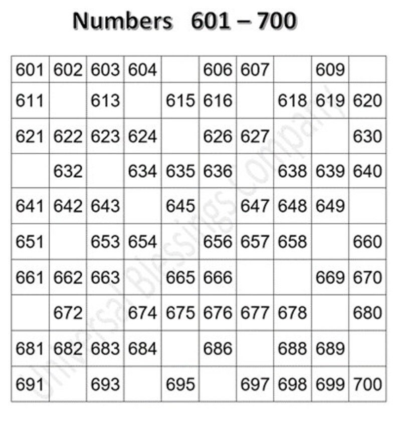 Printable Number Charts Missing Numbers 1-1000 10 Pages math - Etsy