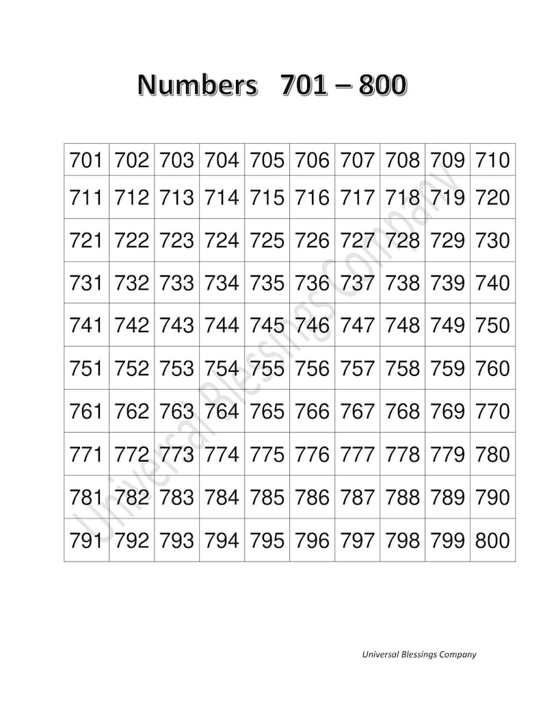 Printable Number Charts Counting Numbers 1-1000 10 Pages -math ...