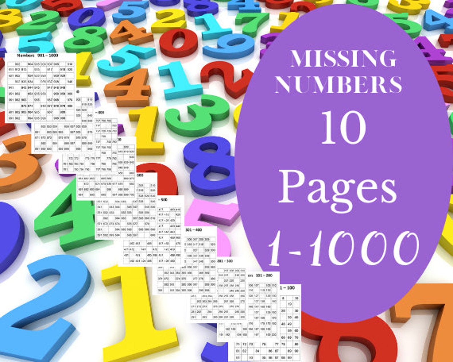 Printable Number Charts Missing Numbers 1-1000 10 Pages -math ...