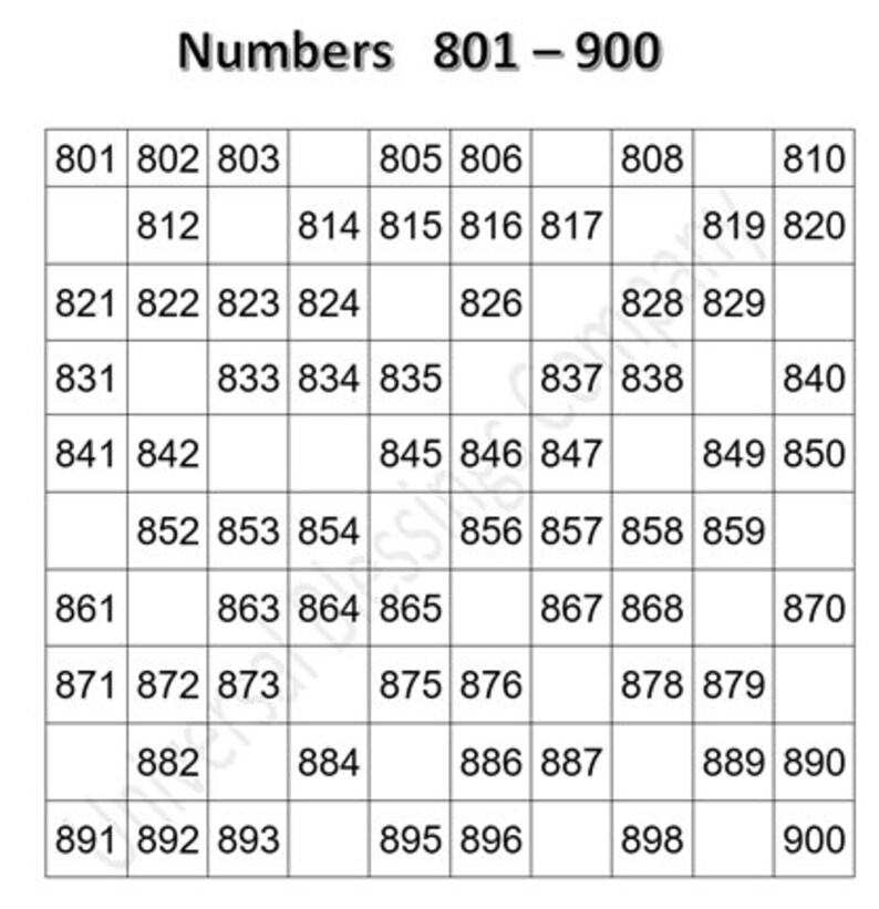 Printable Number Charts Missing Numbers 1-1000 10 Pages math - Etsy
