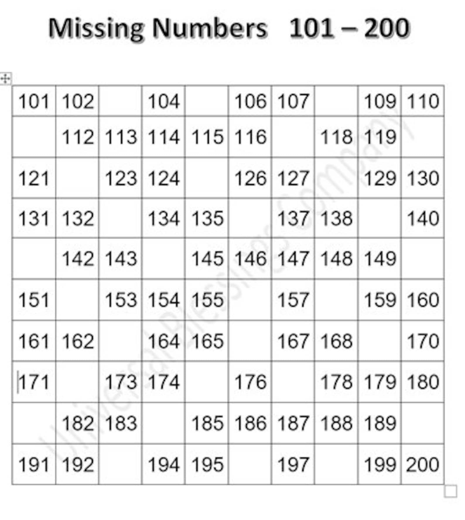 Printable Number Charts Missing Numbers 1-1000 10 Pages math Worksheets ...