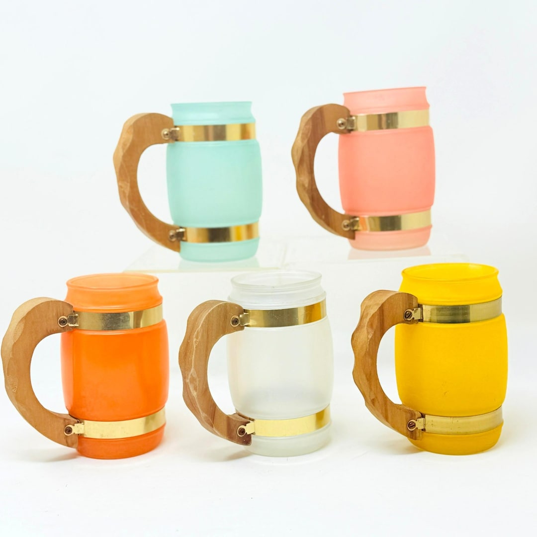 Vintage Siesta Ware Mugs: Frosted Glass With Wood Handles, Set of 5 - Etsy