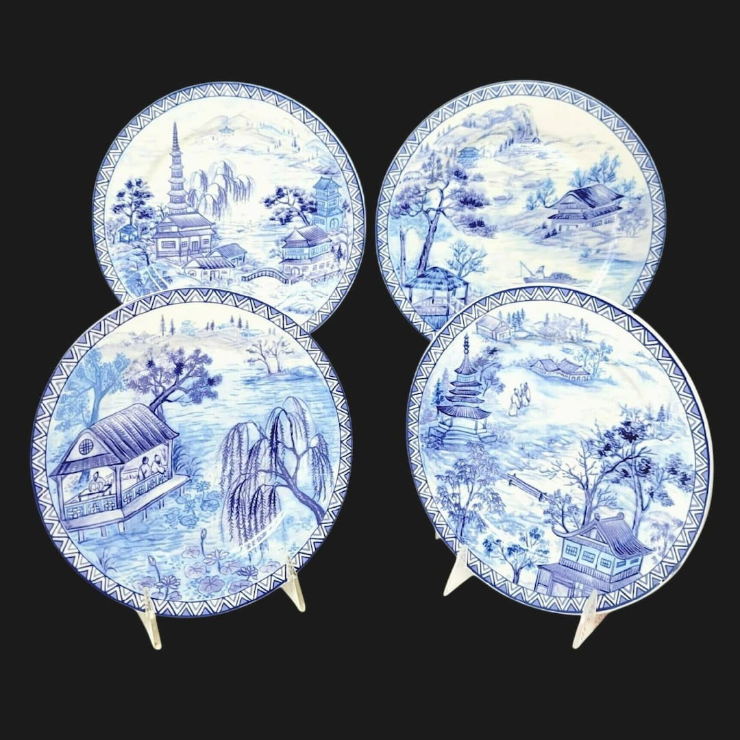 Asian Tonile Salad Plates: Set of 4 Blue + White Stoneware 5025 - Etsy