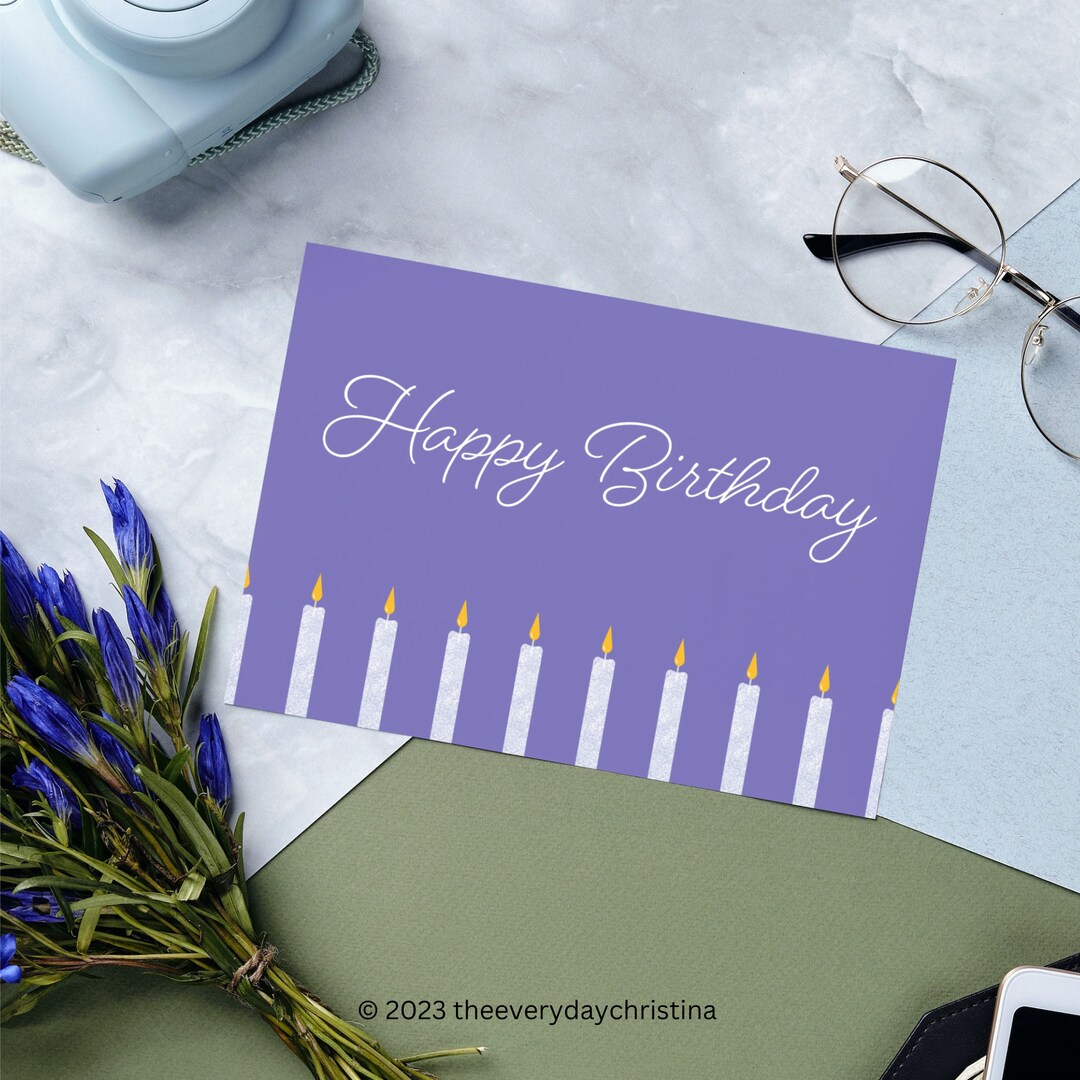 PRINTABLE Happy Birthday Card With Candles Purple Birthday Card for ...