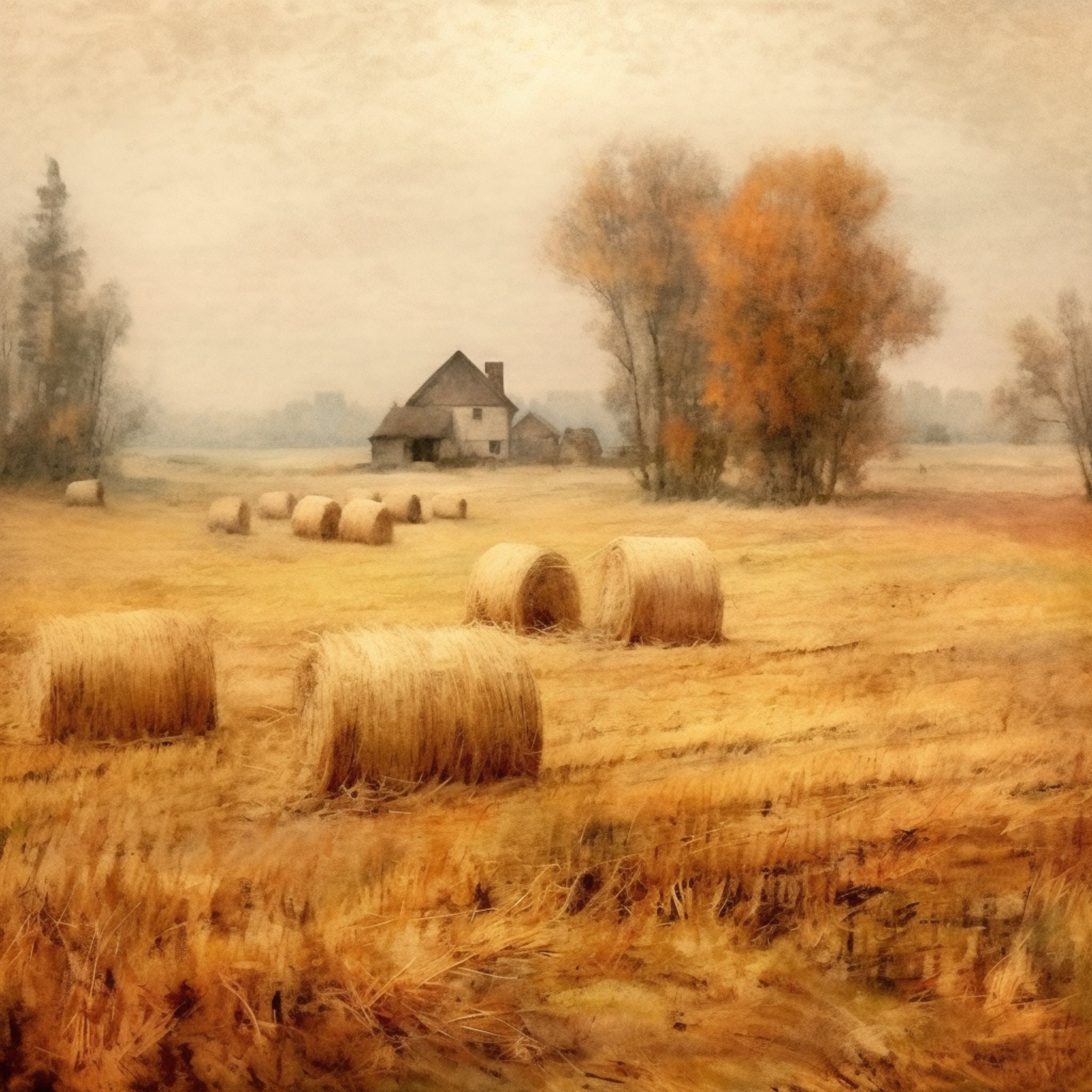 Autumn Landscape Hay Field Painting Vintage Neutral Print - Etsy