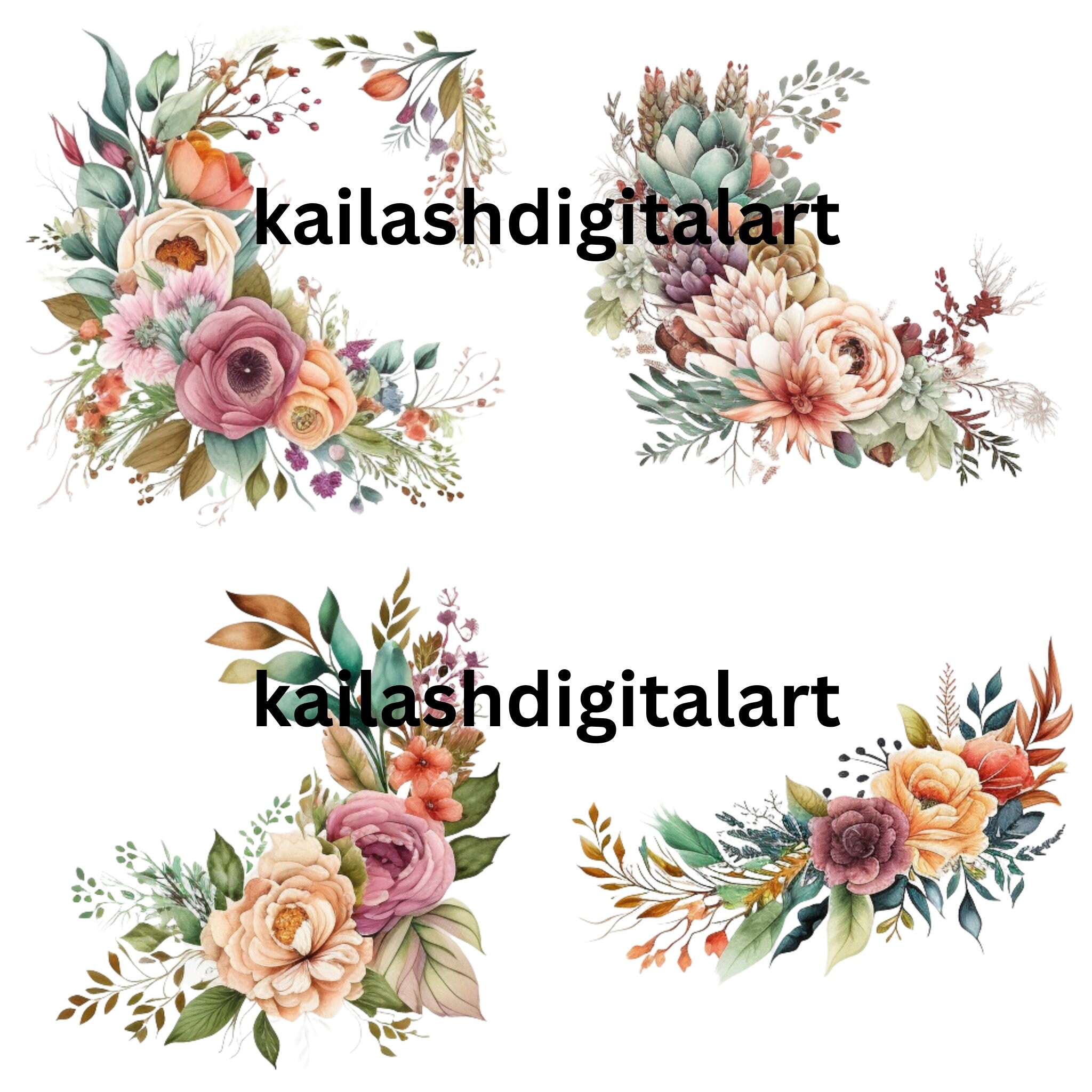 Boho Floral Bouquet Border Clipart Digital Download PNG - Etsy