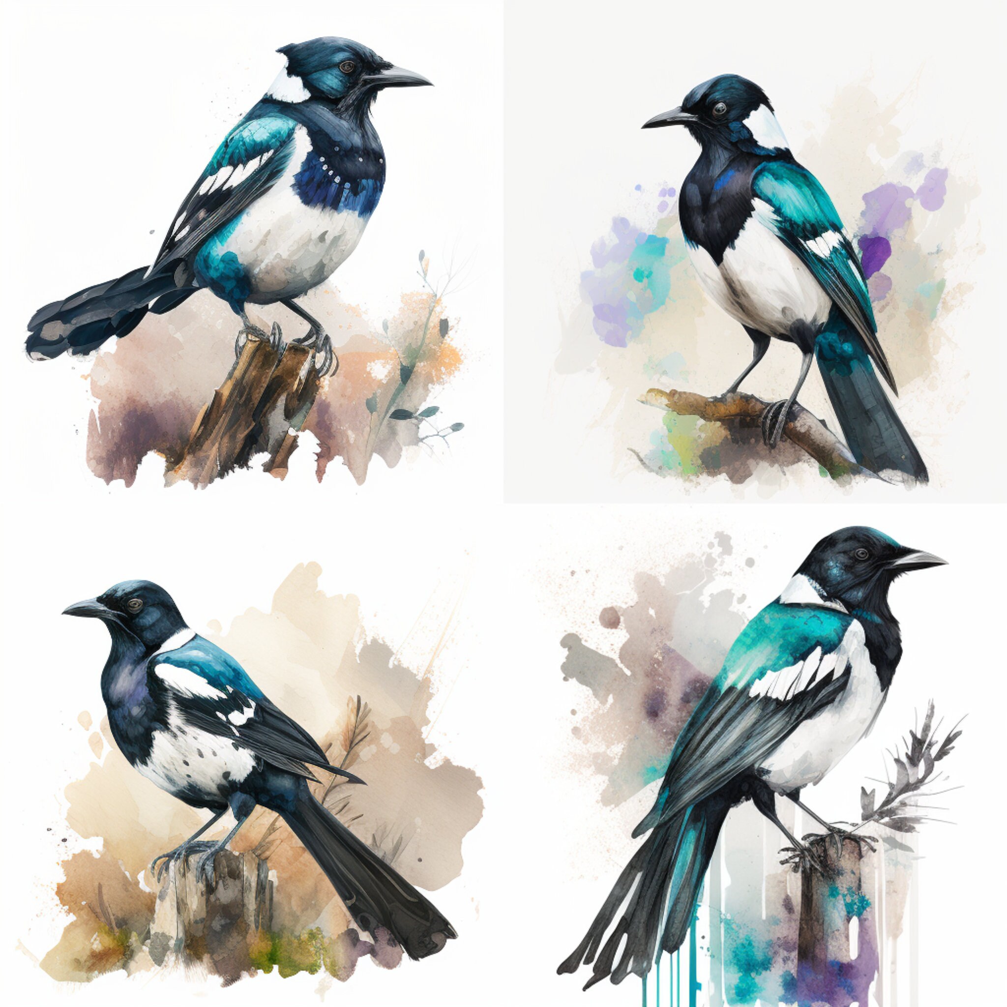 Magpie Watercolor Clipart 5 High Quality Pngs Digital Paper Crafting ...